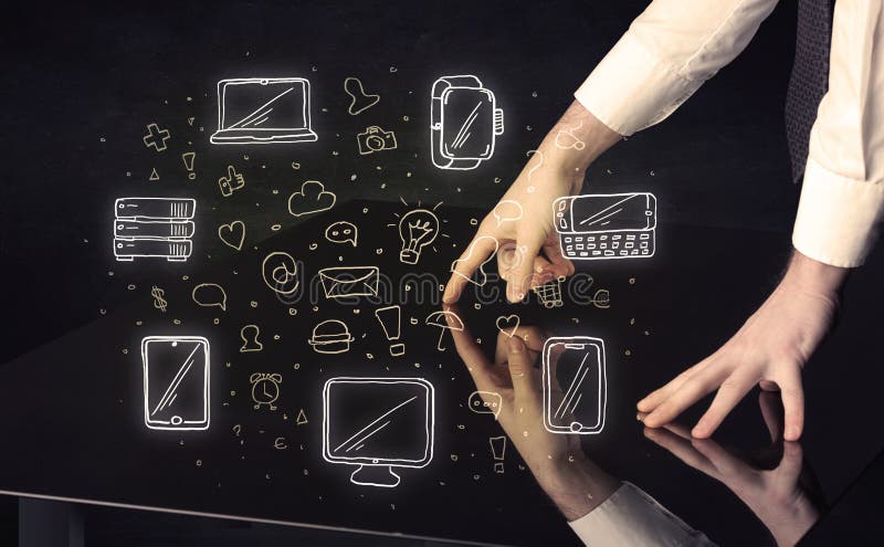 Man Pressing Touch Screen Buttons on Blue Stock Image - Image of global ...