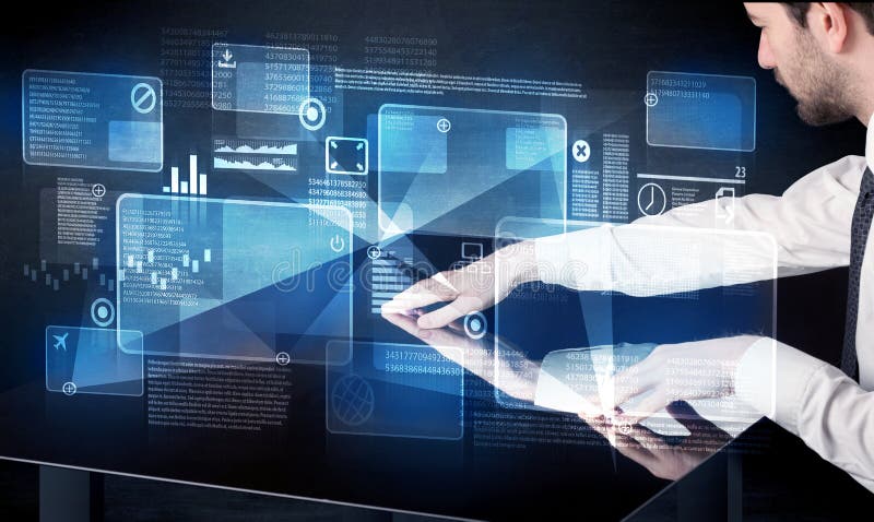 Man Pressing Technology Smart Table Interface Stock Image - Image of ...