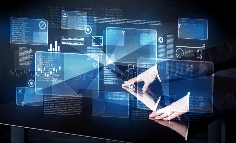 Man Pressing Technology Smart Table Interface Stock Image - Image of ...