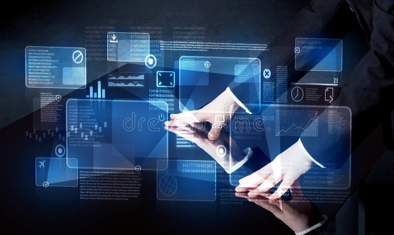 Man Pressing Technology Smart Table Interface Stock Photo - Image of ...