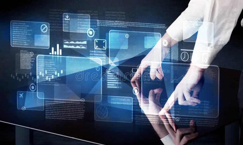 Man Pressing Technology Smart Table Interface Stock Image - Image of ...