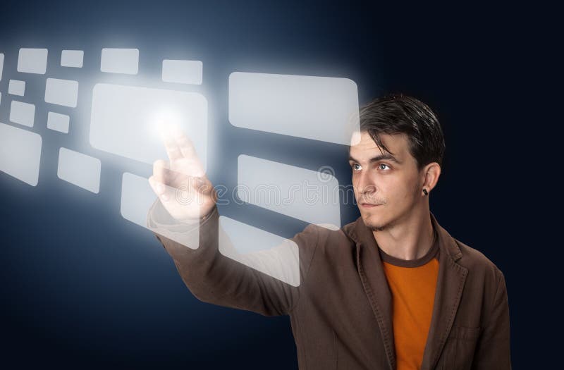 Man Pressing a Touchscreen Button Stock Photo - Image of suit, touch ...