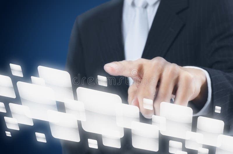 Man Pressing Touch Screen Buttons on Blue Stock Image - Image of global ...
