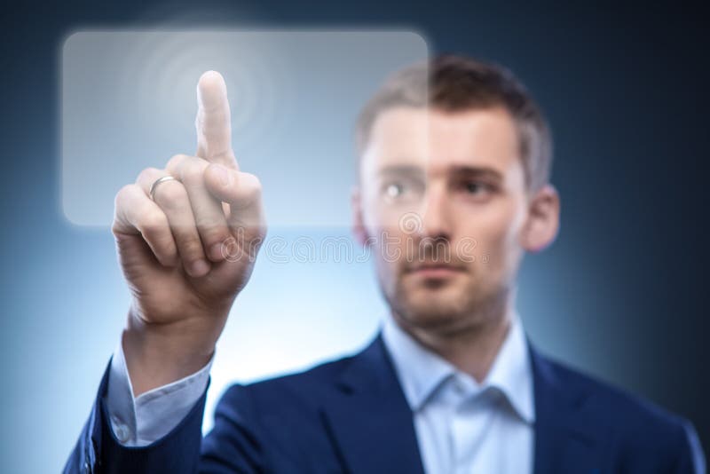 Man Pressing Touchscreen Button Stock Photo - Image of carrier, choose ...