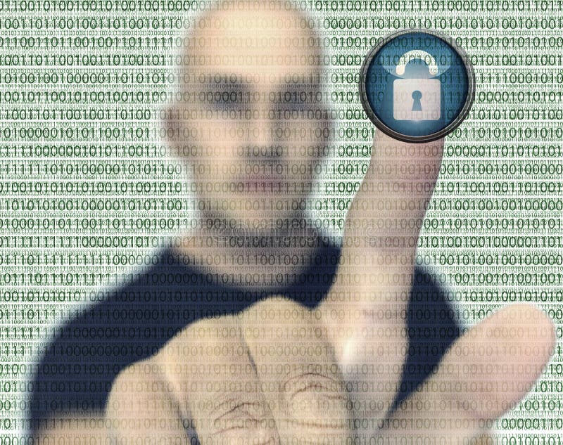Man Pressing Virtual Computer Screen with Padlock Stock Photo - Image ...
