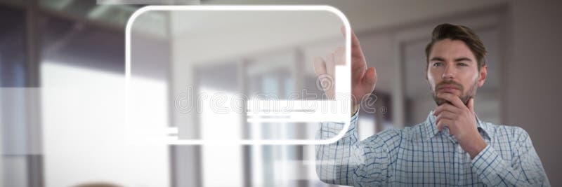 Man Pretending To Touch an Invisible Screen Against Interior of Modern ...