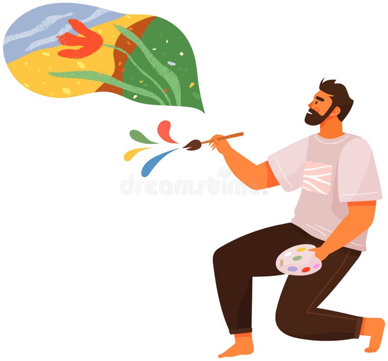 Man in Process of Drawing Landscape. Mental Mindset Types or Creative ...