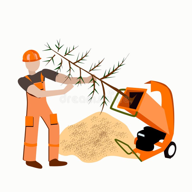 A Man Processes Branches into Sawdust Stock Illustration - Illustration ...