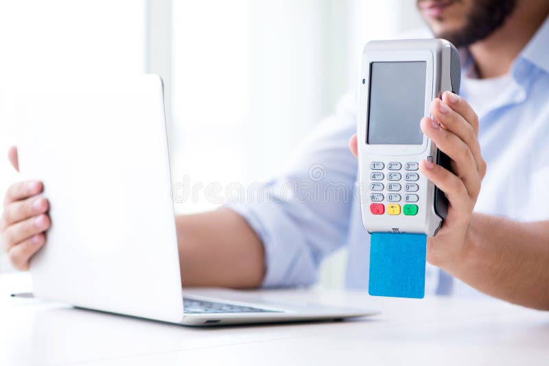 The Man Processing Credit Card Transaction with Pos Terminal Stock ...