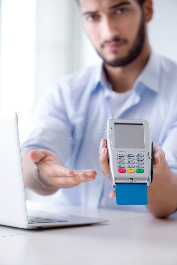 The Man Processing Credit Card Transaction with Pos Terminal Stock ...