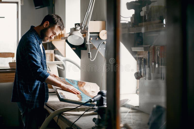 Man is Processing with Wood by Polishing Machine Stock Image - Image of ...