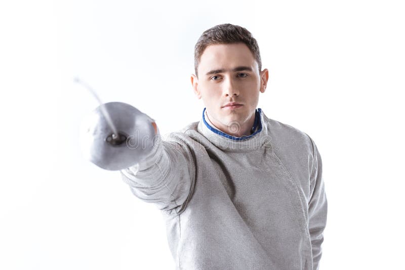 Man Professional Fencer Practicing in Fencing with Rapier on White ...