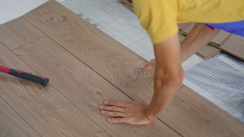 A Man Professional Laminate Installer Laying Laminate Wood Stock ...
