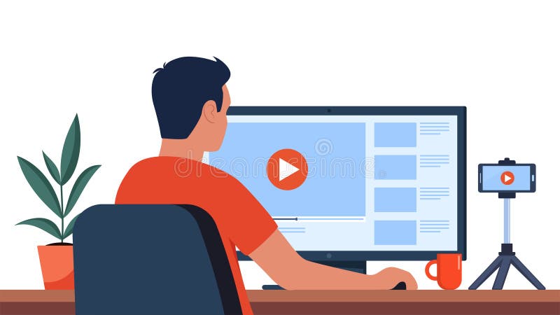 Man Professional Video Maker Sitting at Desk and Editing Video with ...