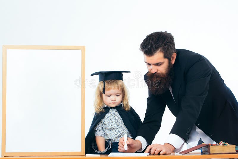 Man Professor and Genius Baby Writing Text. Stock Image - Image of ...