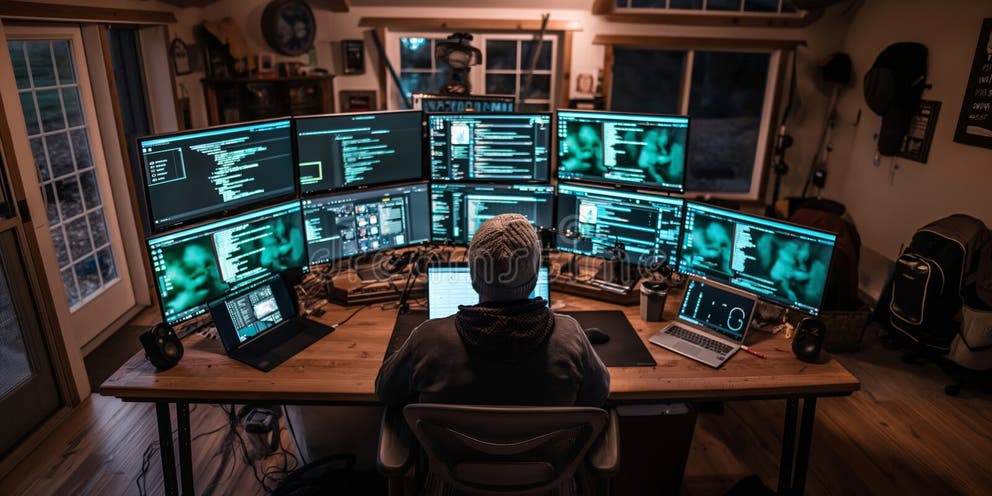 Man Programmer Coder Security Working At Desk With Multiple Computer Monitors And Laptops Stock