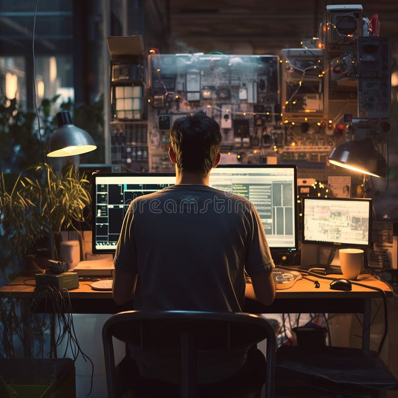 Man Programmer Or Gamer Or Hacker With Computer Generative Ai Stock Image Image Of Urbanism
