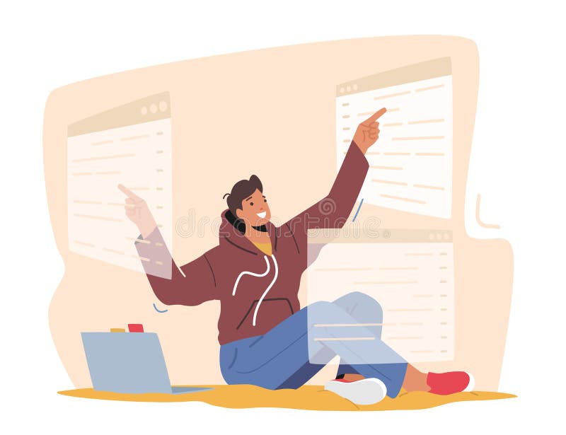 Man Programmer or Gui Designer Character Working on Computer with Interactive Interface Screens ...