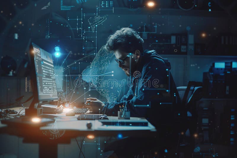 Man Programmer or Hacker Using Computer in Dark Room Stock Illustration ...