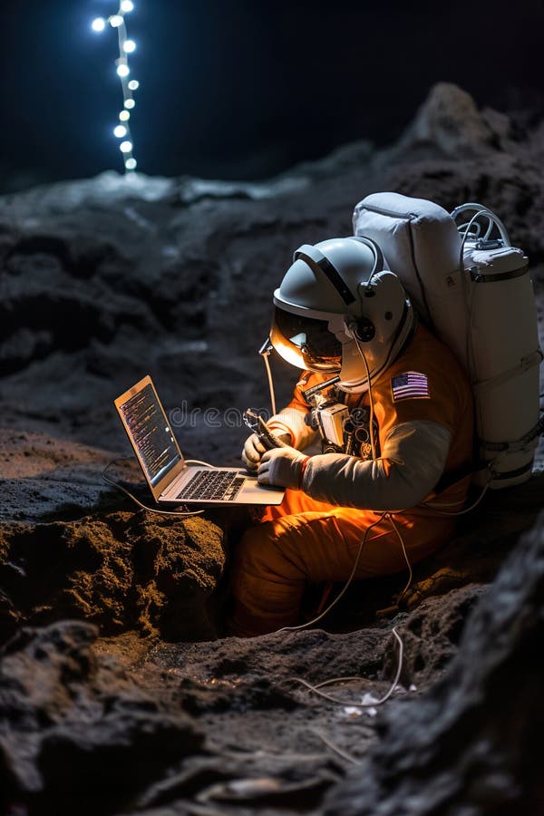 A Man Programmer In A Spacesuit Coding Using A Laptop Computer On The 8440