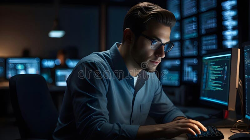 A Man Programmer Typing Code On Multiple Screens Stock Illustration