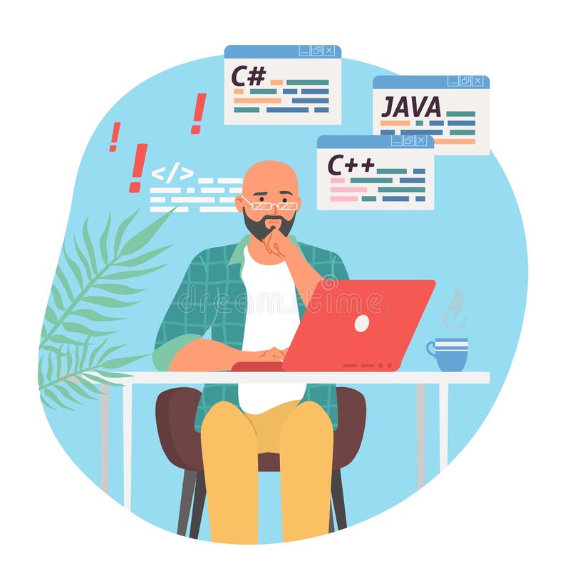 Man Programmer Work On Computer Laptop Vector Stock Illustration Illustration Of Office