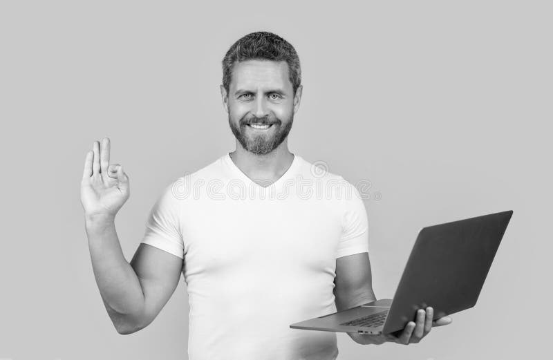 Man Programmer Work On Laptop With Ok Gesture Man Programmer Work Online Stock Image Image Of