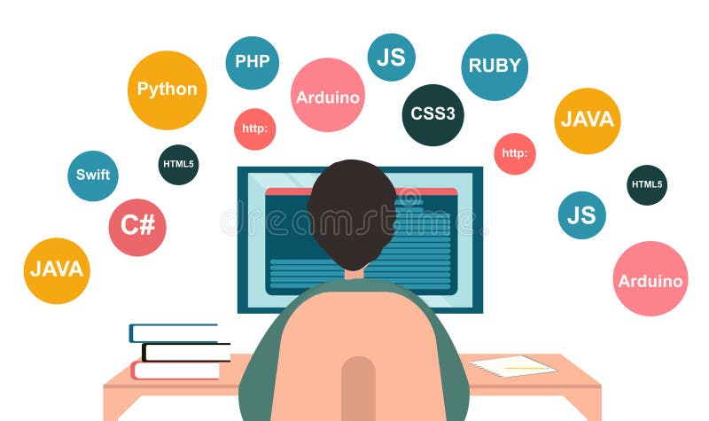 Man Programmer Working Coding And Programming On His Computer Stock Vector Illustration Of