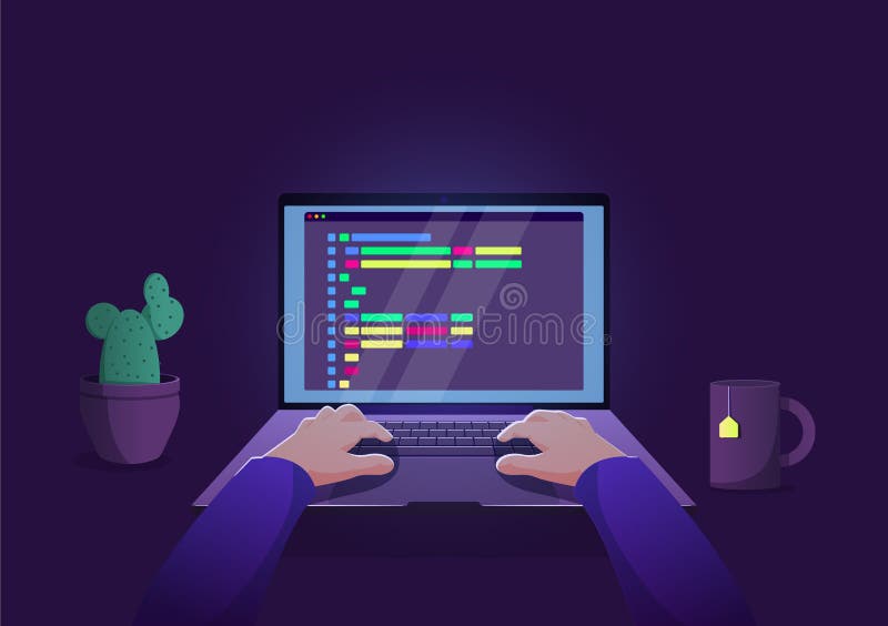 Man Programmer Working On Computer With Code On Screen Illustration Stock Vector Illustration