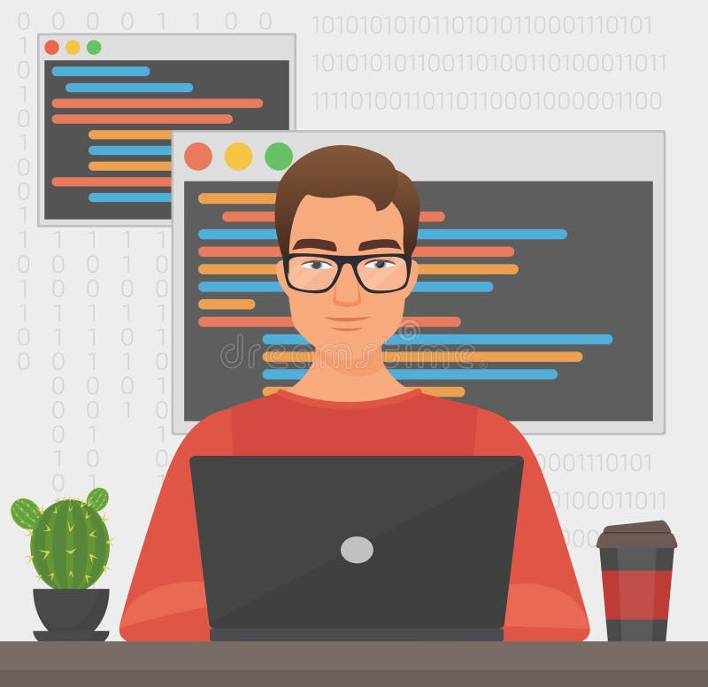 Man Programmer Is Working With Laptop Code Programmer Coding Stock Vector Illustration Of
