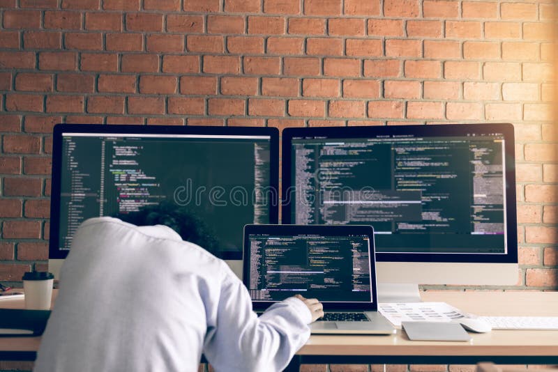 Man Programmers are Sleeping while Working Analyzing on Desk in Code at ...