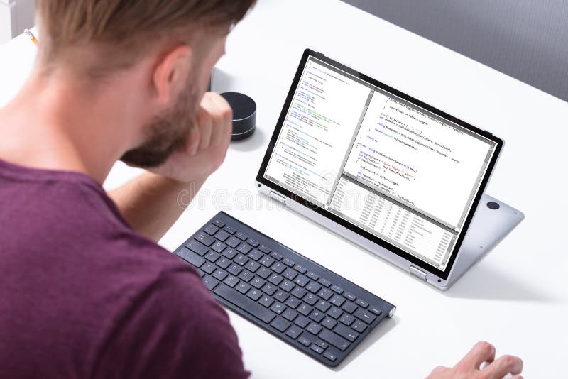 Man Programming Code on Computers Stock Image - Image of page, internet ...