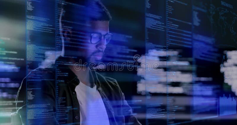 Man Programming And Coding At Night On Dashboard For Computer Software