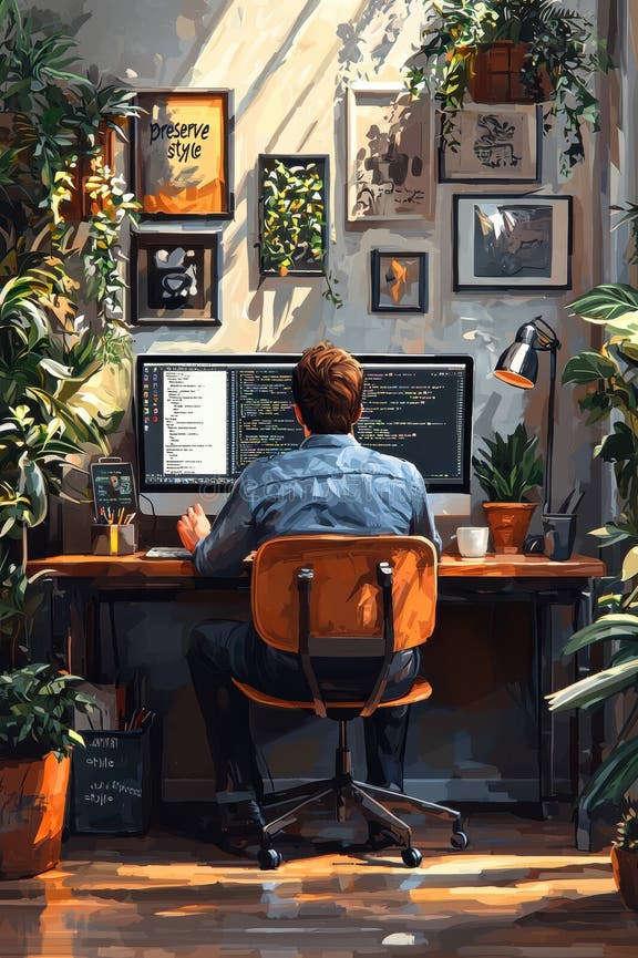 Man Programming on Desktop Computer in a Cozy Green Workspace Stock ...