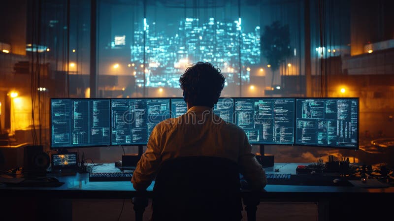 Man Programming at Multi-screen Setup in Dimly Lit Tech Room ...