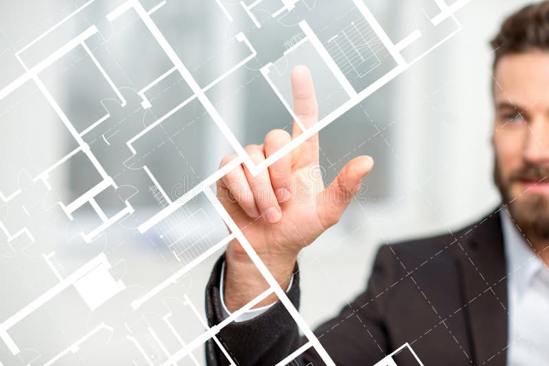 Man Projecting on the Virtual Screen Stock Photo - Image of house, plan ...