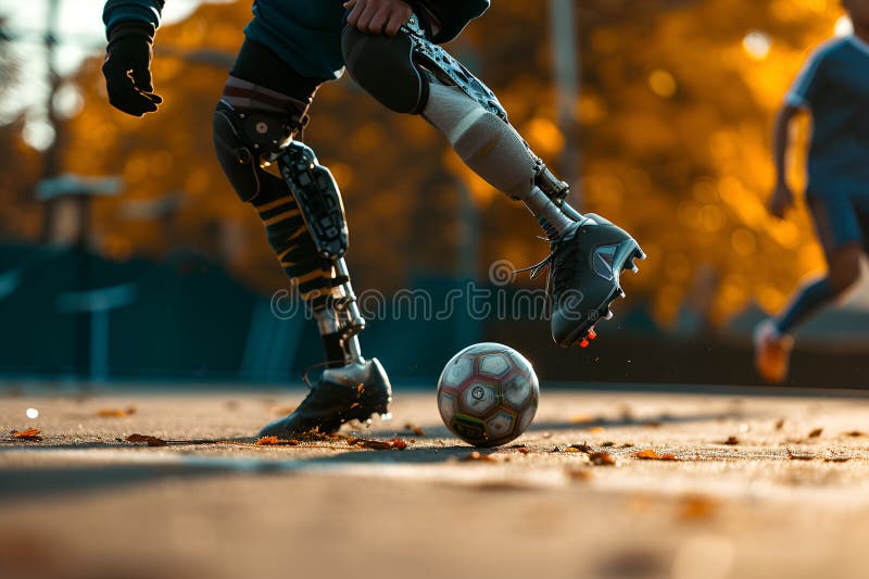 A Man with Artificial Prosthetic Legs Plays Football with a Ball in the ...