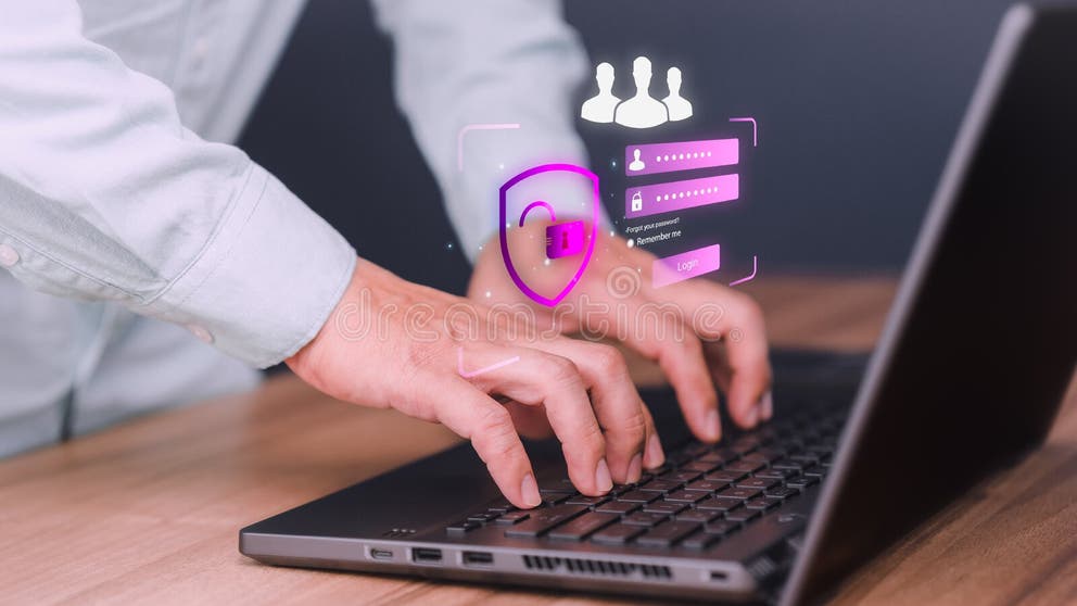 Man Protecting Personal Data on a Computer Laptop and Virtual Interface ...