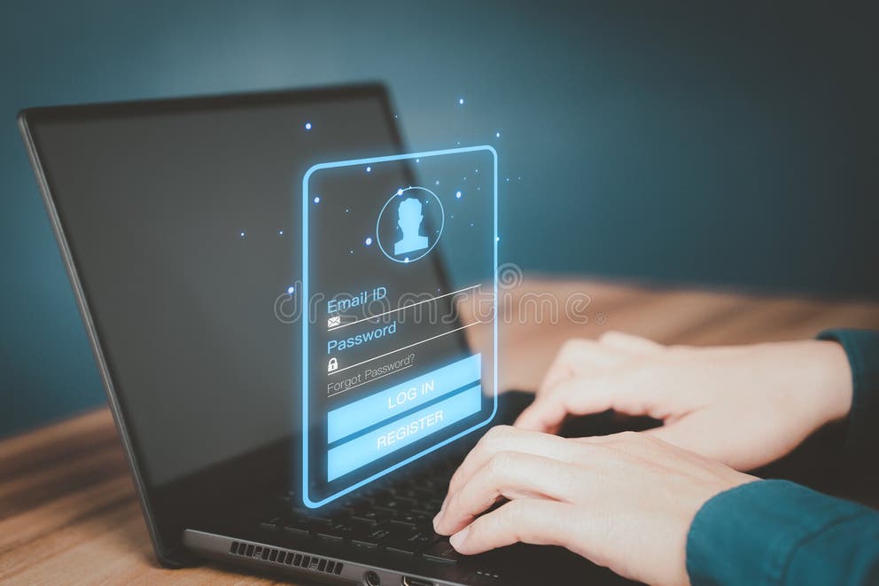 Man Protecting Personal Data on a Computer Laptop and Virtual Interface ...