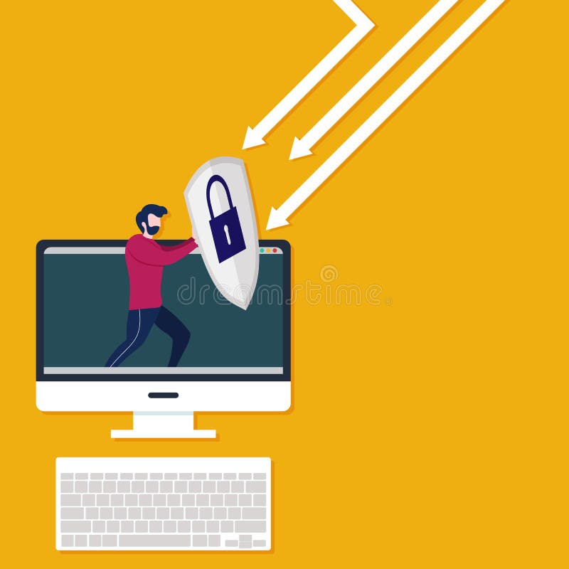 Computer Cartoon with Shield Stock Vector - Illustration of business ...