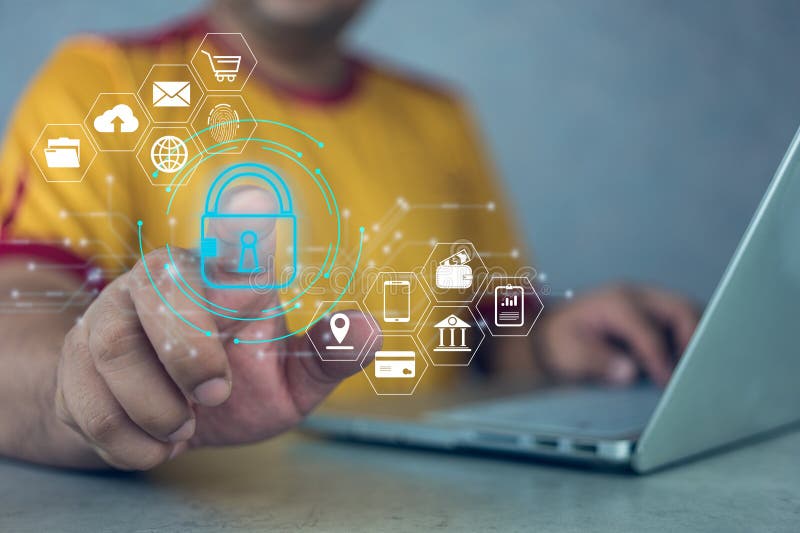 Man Protecting Personal Data on a Computer with Virtual Screen ...