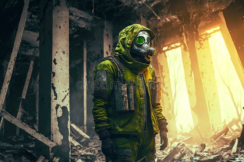 Man in Protective Clothing Walks through Ruins and Studies Radiation ...