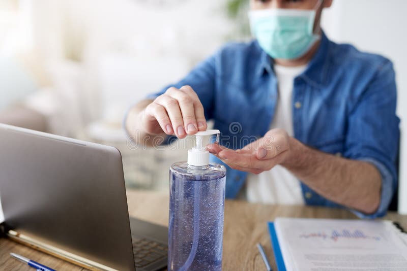 Man Cleaning Hands before Work on Computer. Stock Photo - Image of ...
