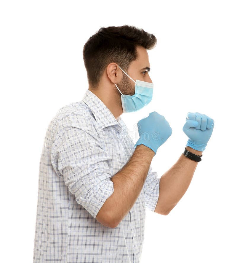 Man with Protective Mask and Gloves in Fighting Pose on White ...