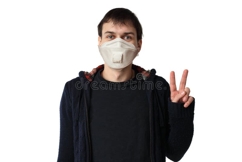 Man in Protective Mask Making Peace Gesture Isolated on White ...