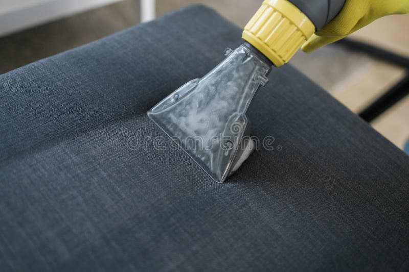 Man in Protective Rubber Glove Cleaning Sofa with Professionally ...