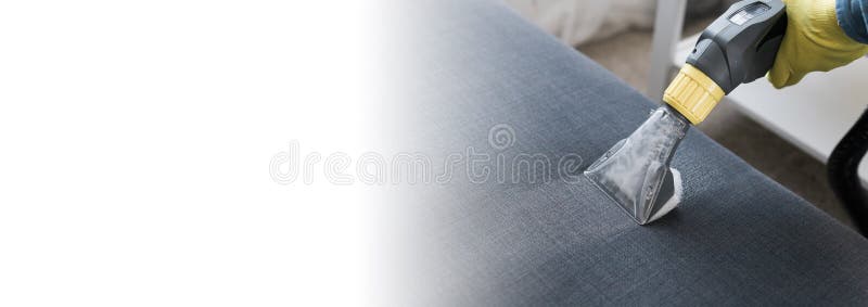 Banner Man in Protective Rubber Glove Cleaning Sofa with Professionally ...