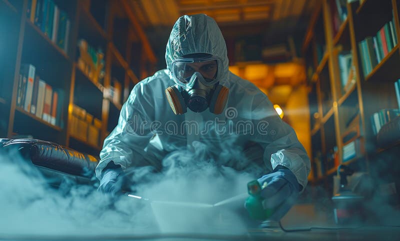 Man in Protective Suit is Cleaning the Table with Chemical Substance in ...