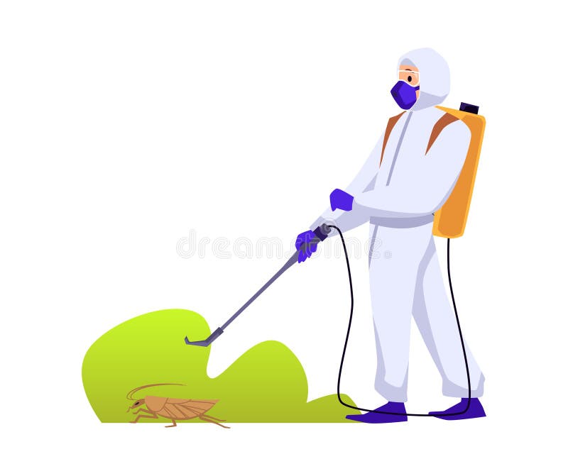 Man in Protective Suit Exterminating Cockroach with Spray, Flat Vector ...