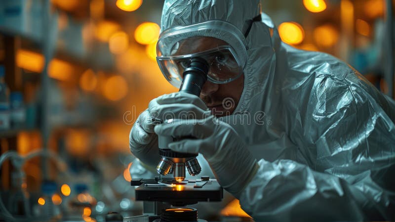 Man in a Protective Suit Looks through a Microscope in a Science ...